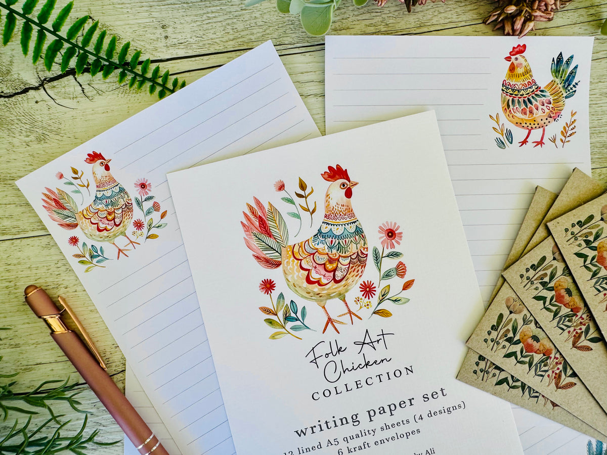 FOLK ART CHICKEN Writing Paper Set (Non-Personalised) – Scattered Seed Co