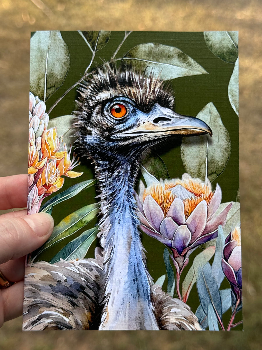 Australian Emu on Native Florals greeting card – Scattered Seed Co
