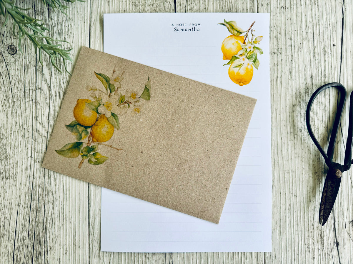 HANGING LEMONS Personalised Writing Paper Set of 20 – Scattered Seed Co