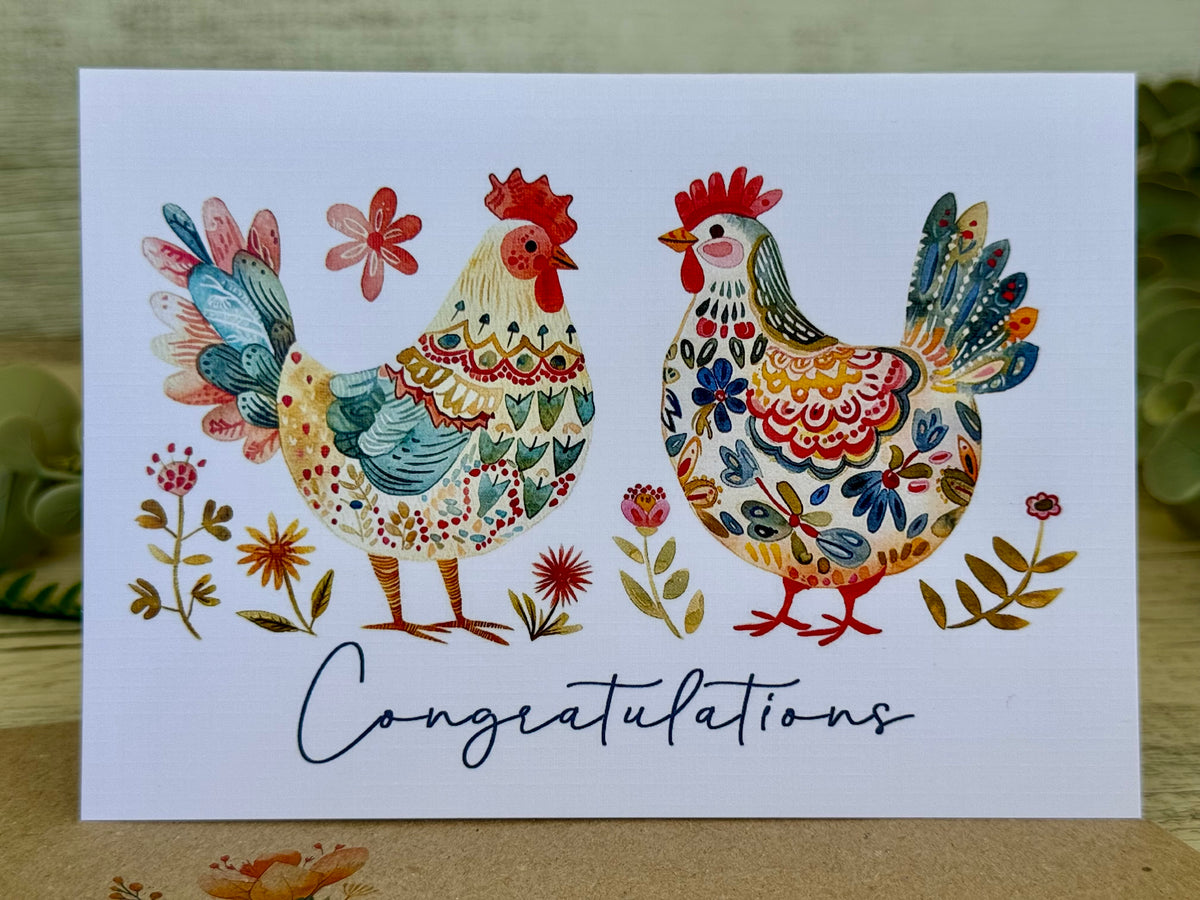 FOLK ART CHICKENS Congratulations card – Scattered Seed Co