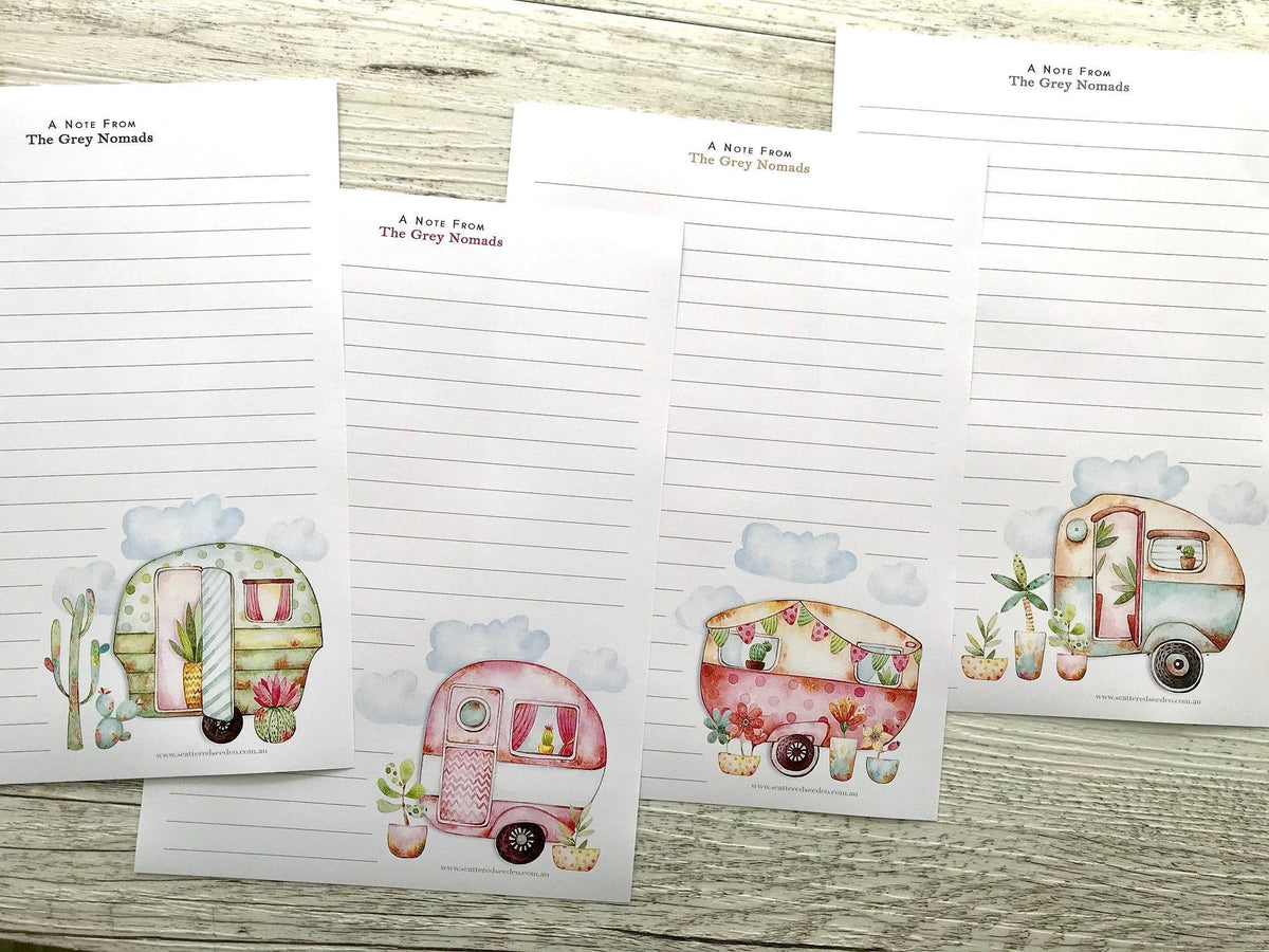 VINTAGE CARAVANS Personalised Writing Paper Set of 20 – Scattered Seed Co